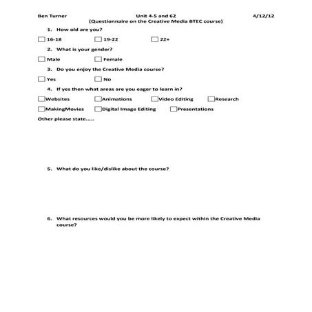 Questionnaire on the creative media btec course | DOCX