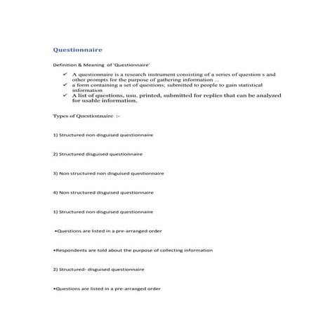 Questionnaires Definition Primary Research Questionnaire : Definition