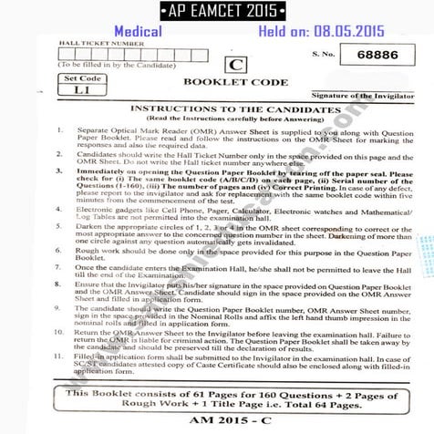 AP EAMCET 2015 Medical Previous Question Paper | PDF