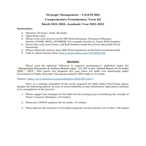 Question Paper - Strategic Management - I_Comprehensive Exam_AY 2021 ...