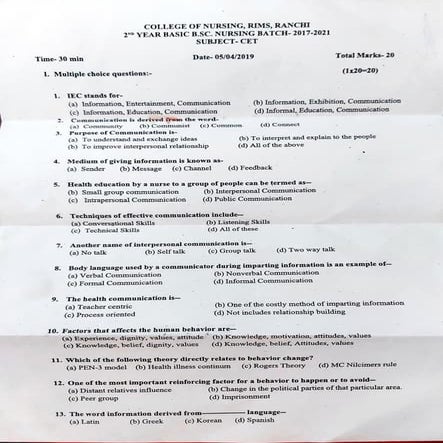 Question papers of bsc nursing university examination | PDF