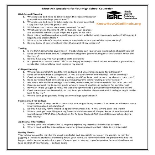 Questions To Ask Your High School Counselor | PDF
