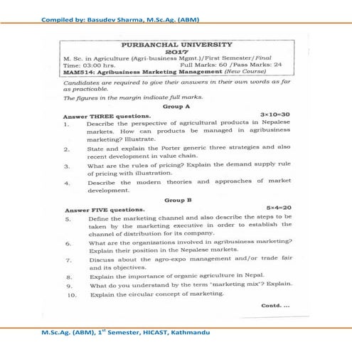 Questions 1st Semester Exam, M.Sc.Ag. (Agribusiness Management) | PDF