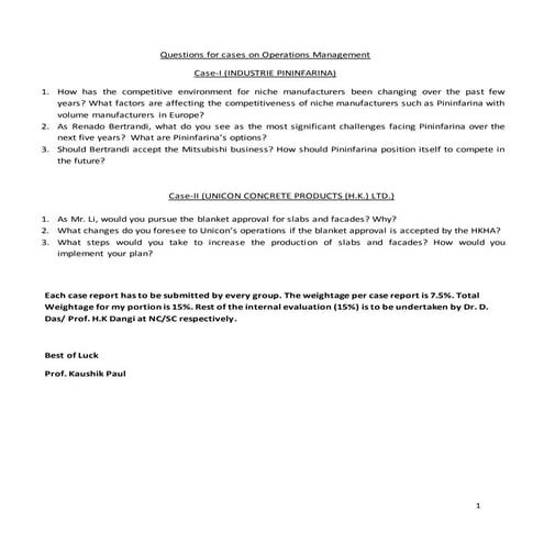 Questions for cases on operations management used at fms delhi | PDF