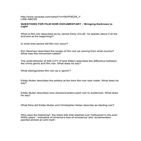 Questions for film noir documentary 'bringing darkness into light' | DOCX