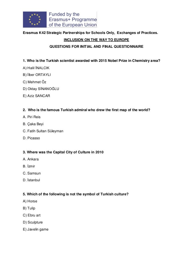 Questions for initial and final questionnaire