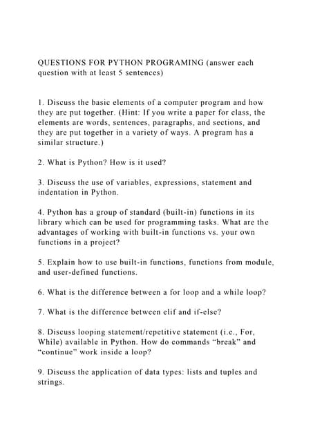 Questions For Python Programing Answer Each Question With At Leasdocx 3000