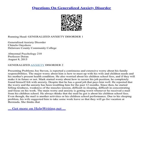 Questions On Generalized Anxiety Disorder | PDF