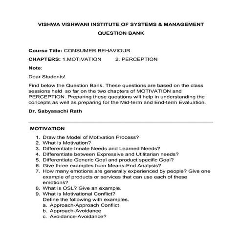 Question on Consumer Behavior | DOCX