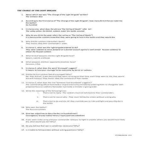 THE CHARGE OF THE LIGHT BRIGADE (A set of questions and answers) | DOCX