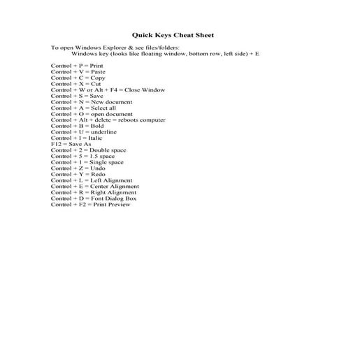 Quick keys cheat sheet | PDF