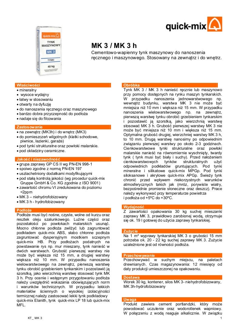 Tynk QUICK-MIX MK 3 / MK 3h - karta produtku