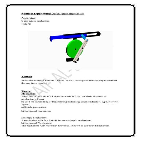 Quick Return Mechanism Industrial Design Solidworks Mechanical