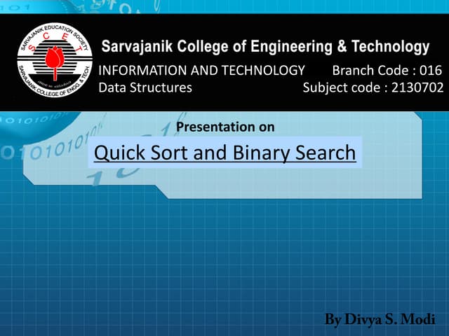 Quick sort and binary search PDF | PPT Quick sort and binary search PDF | PPT