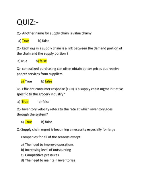 quiz in supply chain with questions and answers on intro to supply ...