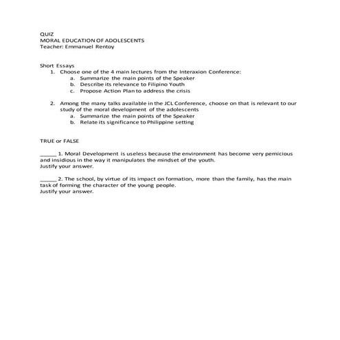 Quiz on Moral Education of Adolescents | PDF