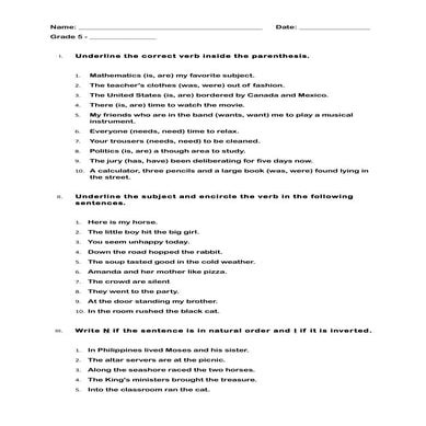 Quiz (grade 5): Subject Verb Agreement | RTF
