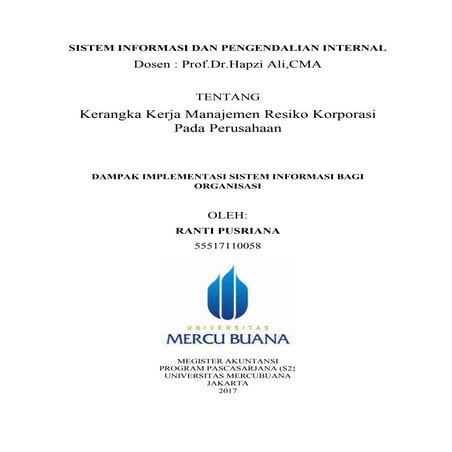 SI-PI,Ranti Pusriana,Hapzi Ali,Kerangka Kerja Manajemen Resiko Korporasi pada Perusahaan ...