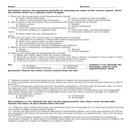 Short Quiz about Argumentative Essay and techniques on how to write an ...