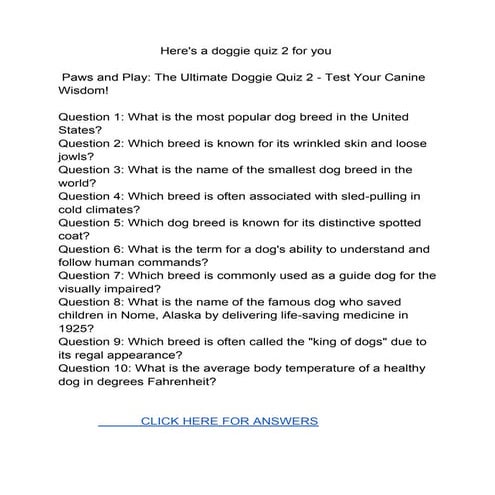 Paws and Play: The Ultimate Doggie Quiz 2 - Test Your Canine Wisdom! | DOCX
