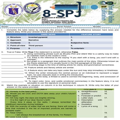 Feature Writing Quiz | PDF