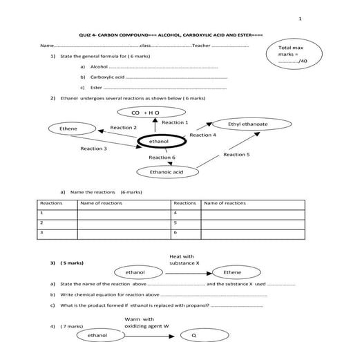 Quiz 4=alcohol, carboxylic acid and ester | DOC