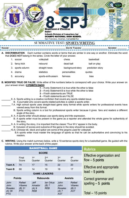 Sports Writing (Rules,Tips, Examples, etc) | PPT | Basketball | Sports