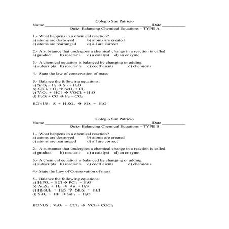 Quiz Balancing Chemical Equations 2 | DOC