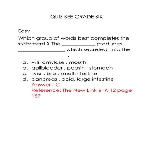 QUIZ BEE in science grade six- easy , average , difficult | DOCX