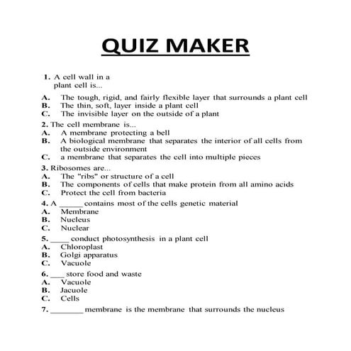 Quiz maker - plant and animal cell | DOCX