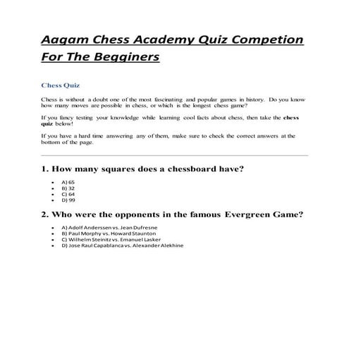 Quiz of begginers 120 questions Chess | DOCX