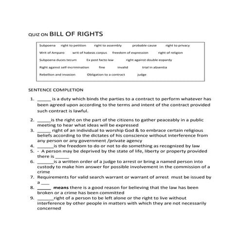 Quiz on bill of rights | DOCX