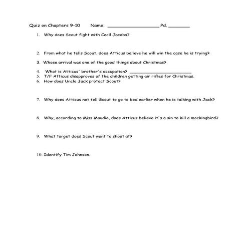 Quiz on chapters 9 10 tkam | DOC