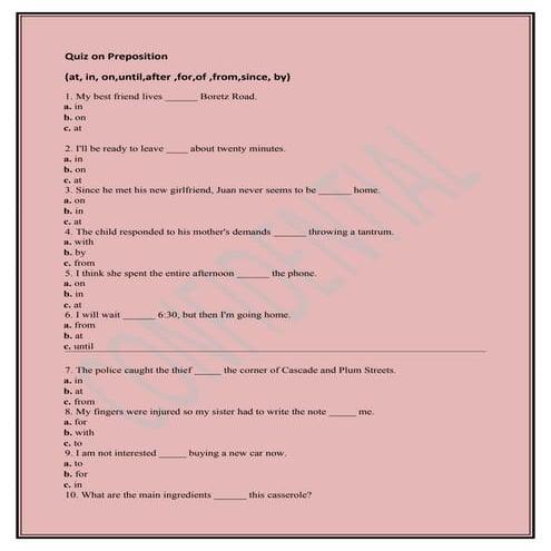 Preposition worksheet year 4