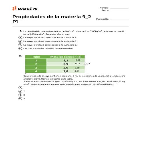 Quiz propiedades de la materia 9 2 p1 | PDF