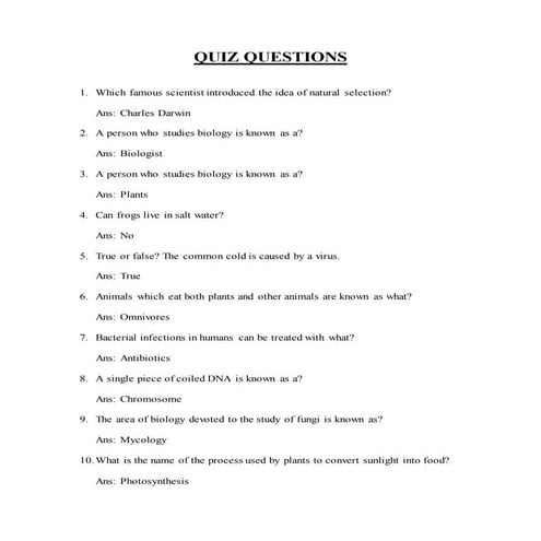 Biology Quiz Biology Leaving CERT Quiz Questions And Answers