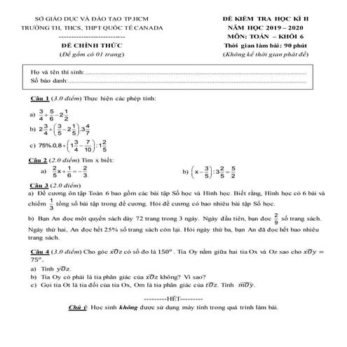 Đề Thi HK2 Toán 6 - THCS Quốc Tế Canada | DOCX