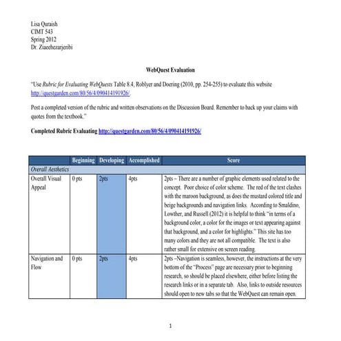 WebQuest Evaluation | DOCX