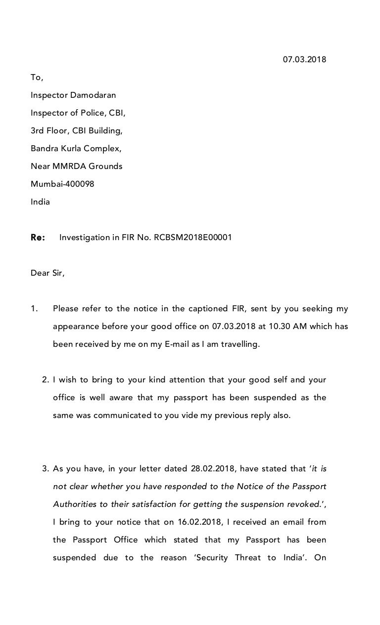 Reply to CBI notice dated 28.02.2018