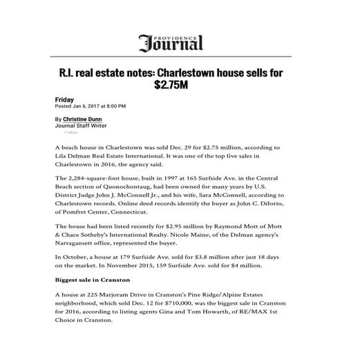 R.i. real estate notes Charlestown house sells for $2.75M