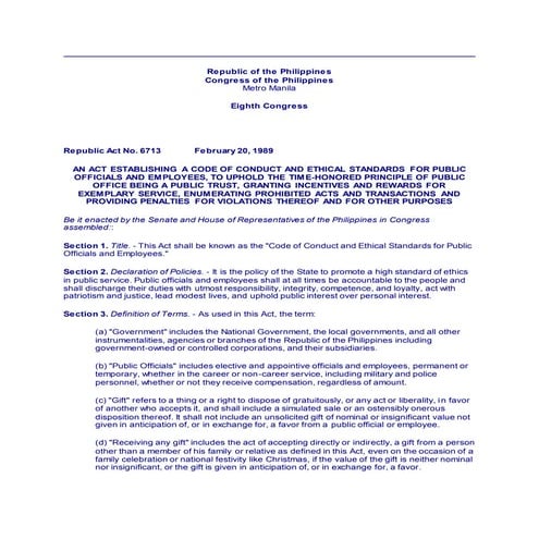 Ra 6713 code of conduct of public officials | PPT