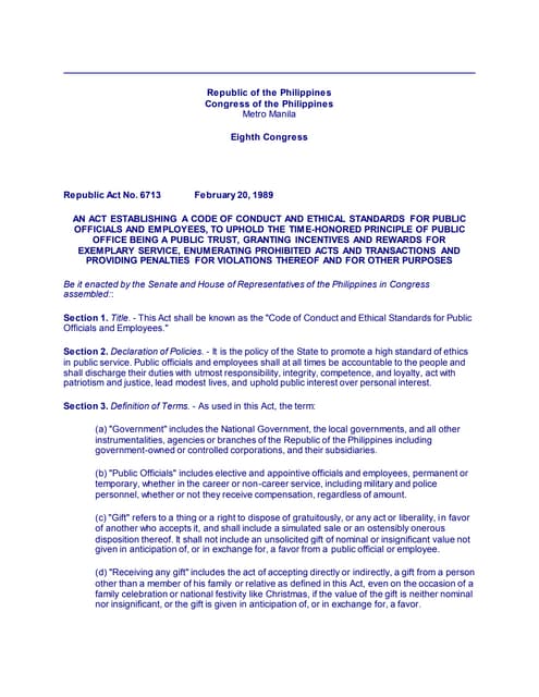 RA 6713 Code of Ethical Standards for Public Officials and Employees in ...