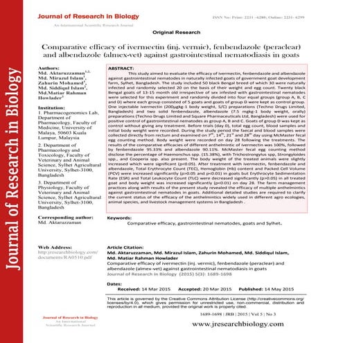 Comparative efficacy of ivermectin (inj. vermic), fenbendazole ...
