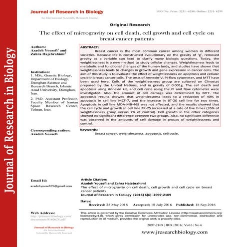 The Effect Of Microgravity On Cell Death Cell Growth And Cell Cycle On