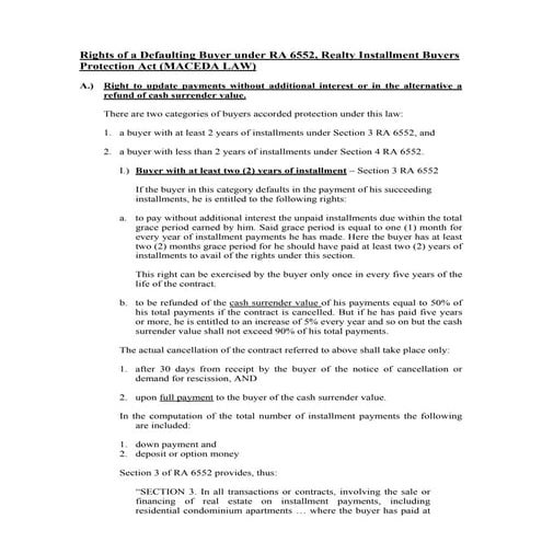 Ra 6552 maceda_law_realty_installment_buyer_act | PDF | Home Financing ...