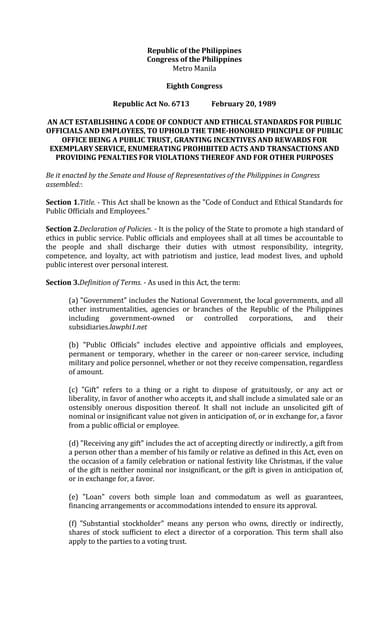 RA 6713 Code of Ethical Standards for Public Officials and Employees in ...