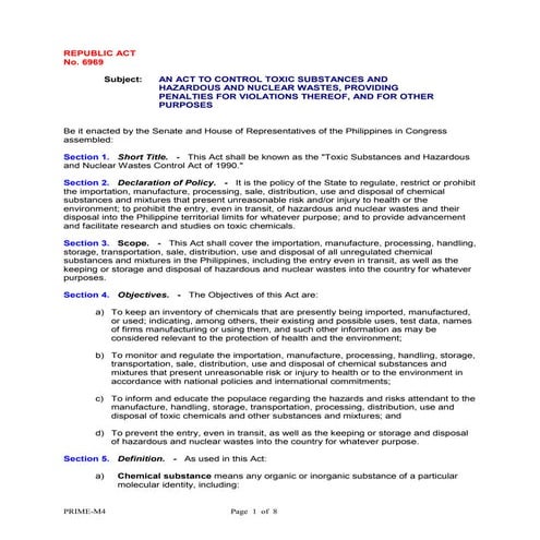 Environmental Laws RA 6969 | PDF