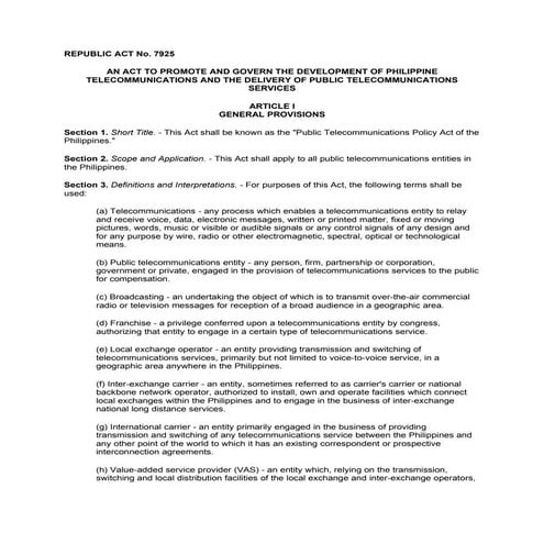 Ra 7925 | DOC | Phone Services | Home Utilities