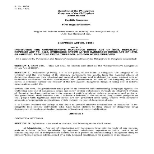 Ra 9165 comprehensive dangerous drugs act | PDF