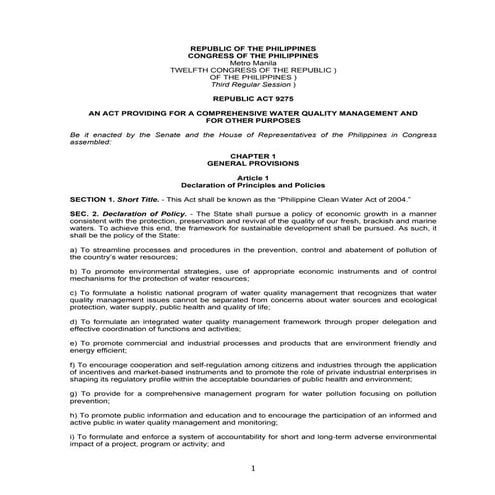 Environmental Laws RA 9275 | PDF